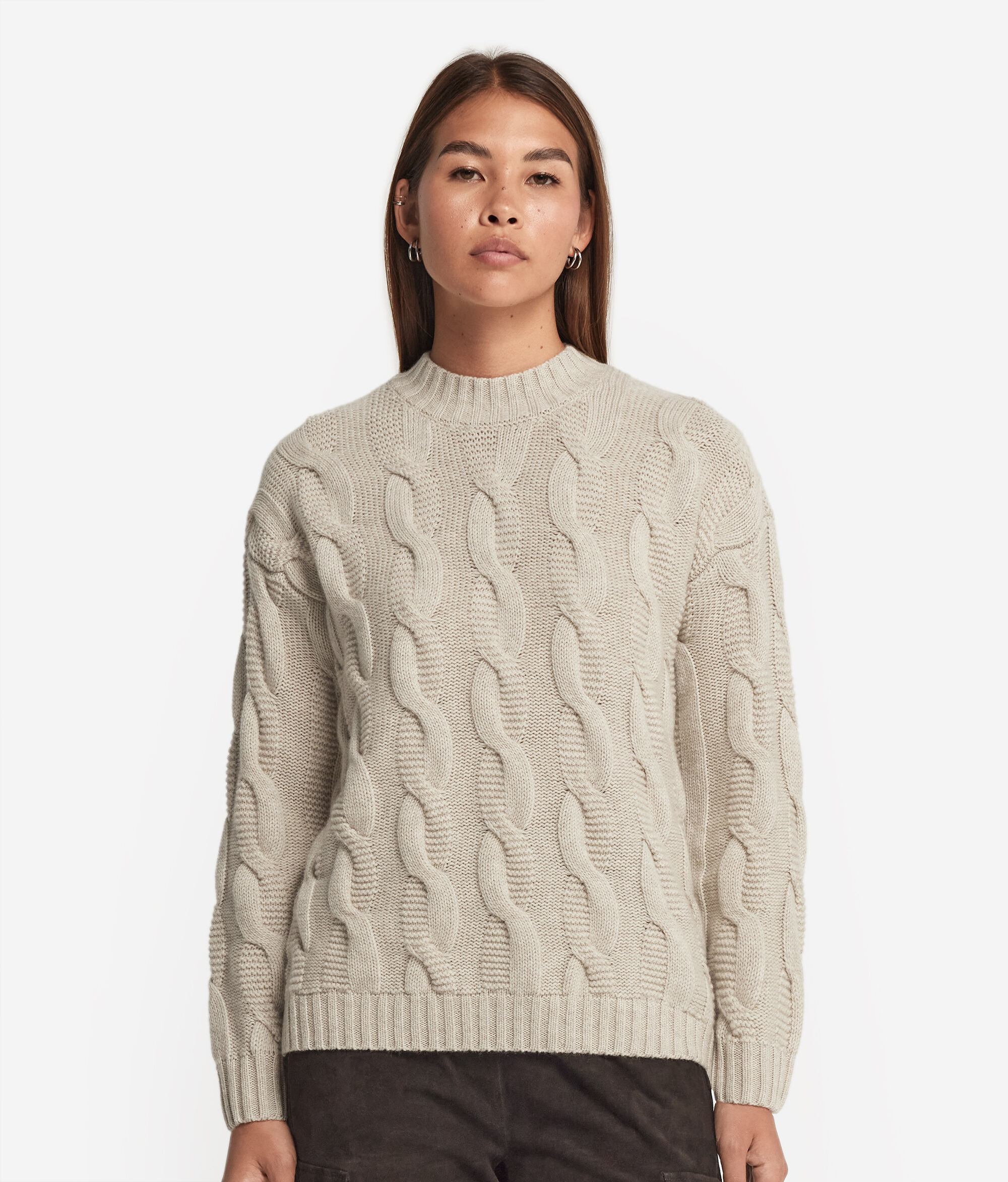 Crewneck Sweater with Cable-knit Stitch Motif - Round Neck Sweaters | Falconeri