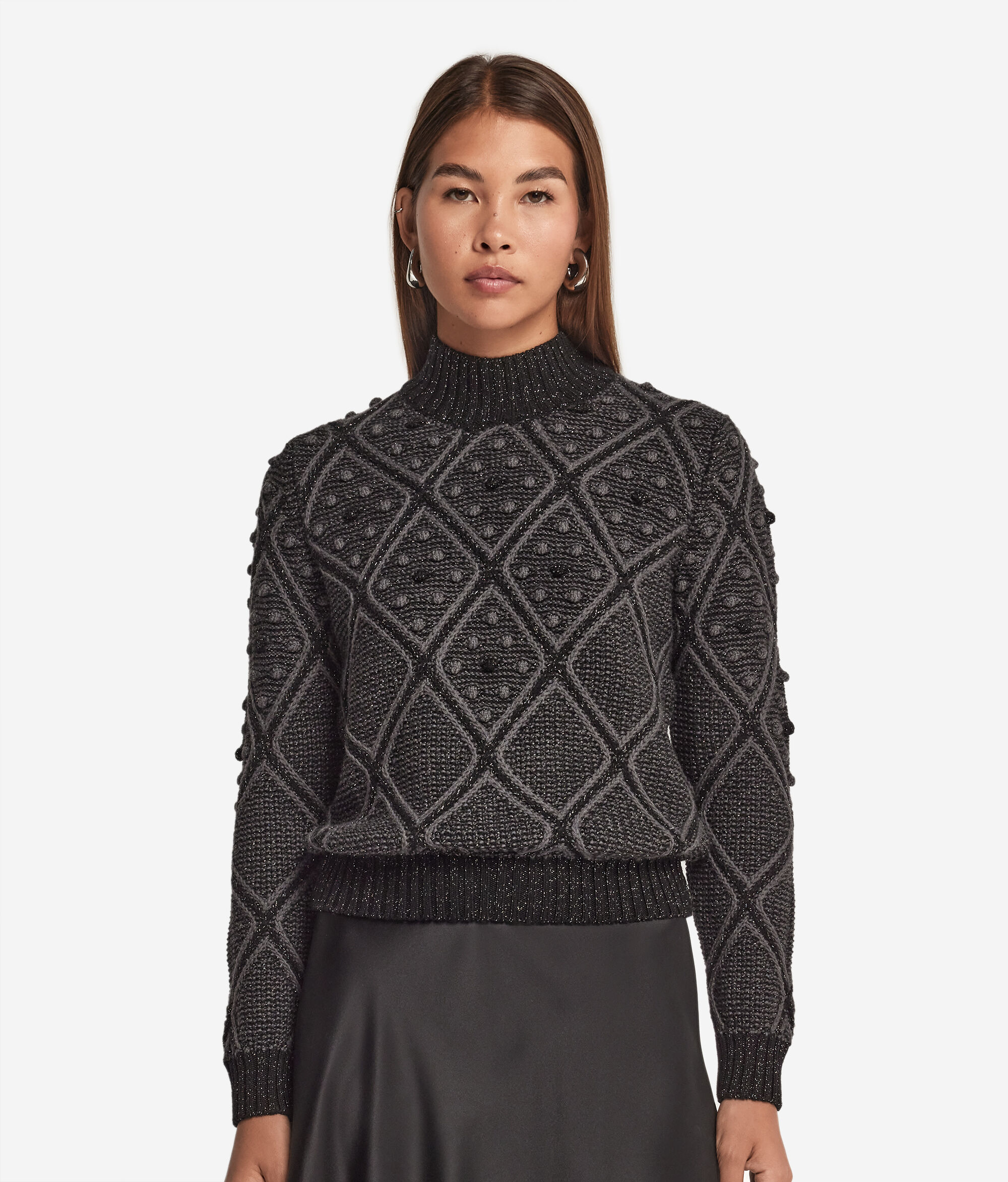 Lamé Wool Raised Collar Jumper with Diamond Pattern | Falconeri